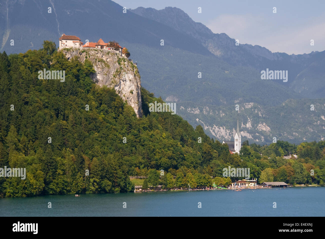 Castle and church of Bled seen from the island of Bled, Slovenia Stock ...