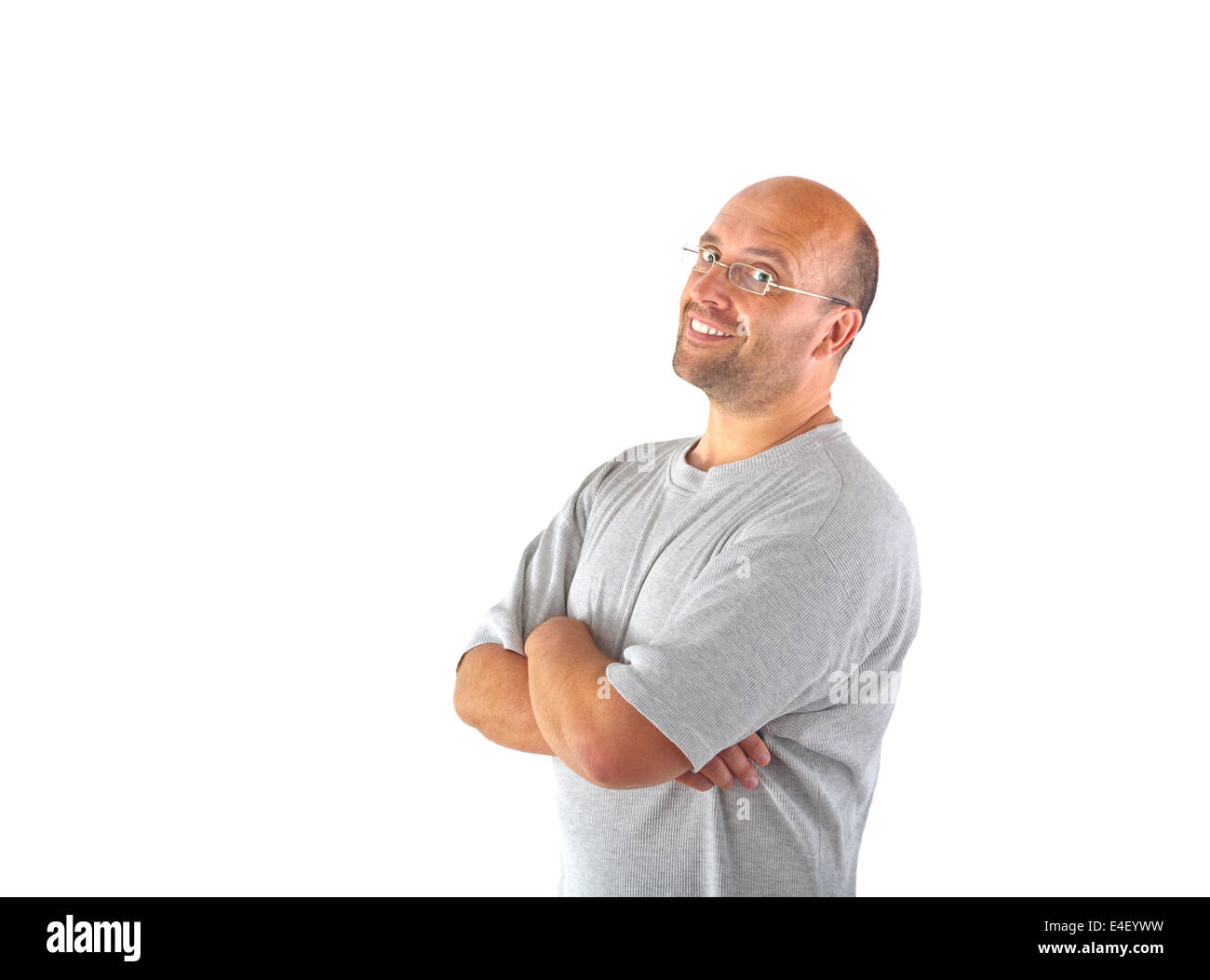 Happy bald man smiles into the camera isolated over white Stock Photo ...