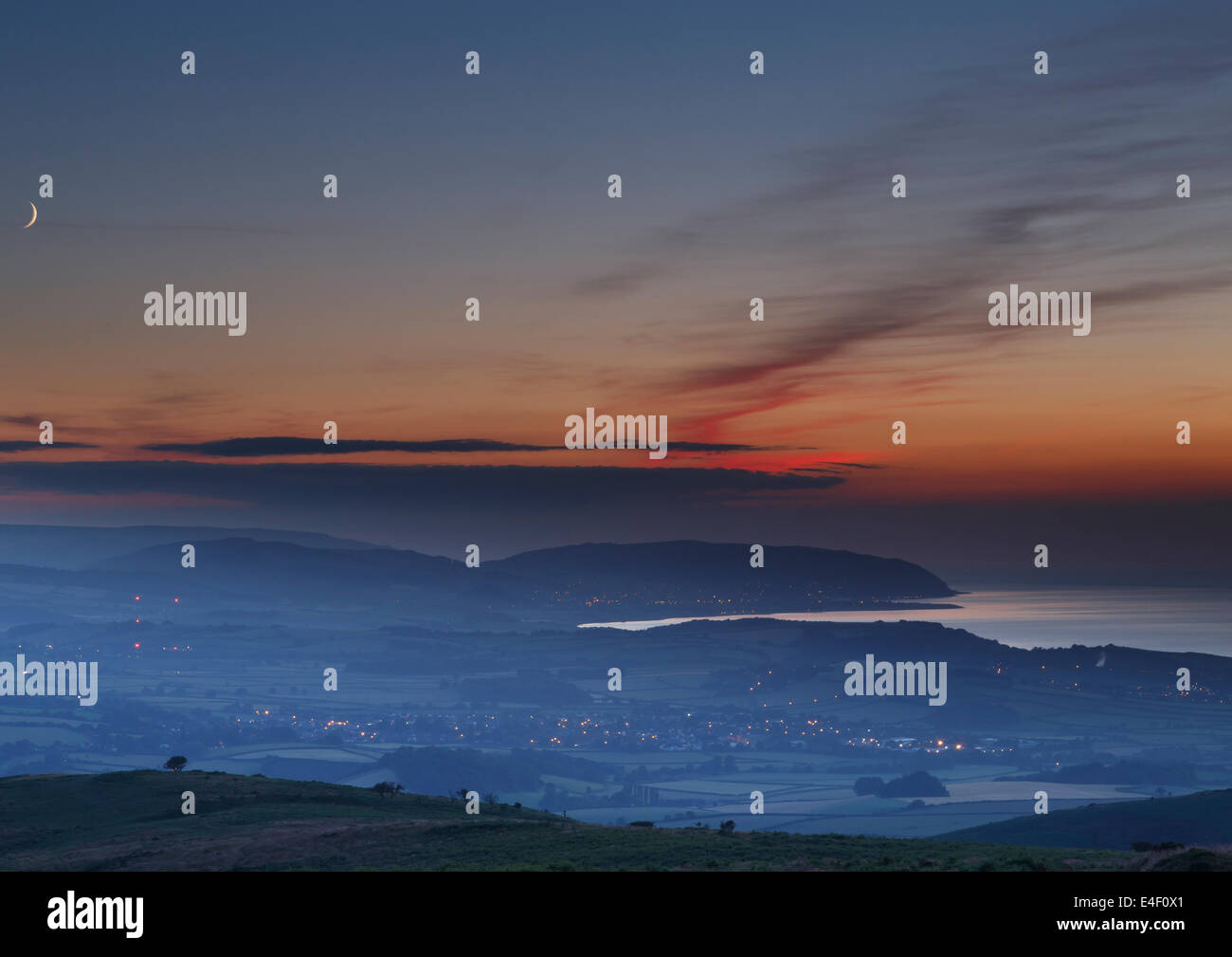 View from the Quantocks at twilight on a summer evening. Overlooking ...