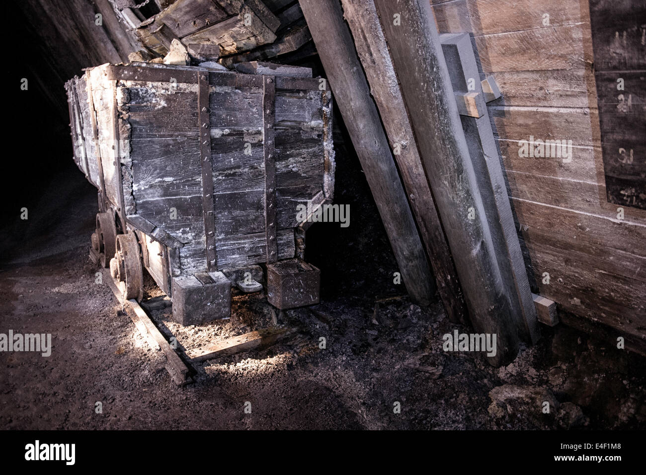 Dimly lit underground mine shaft with wooden beams display featuring ...