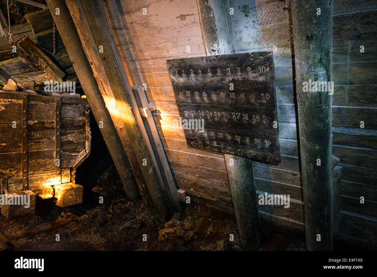 Dimly lit underground mine shaft with wooden beams display featuring ...