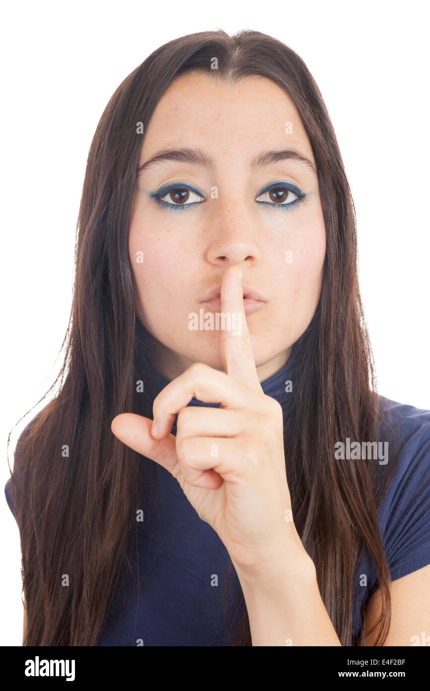 Close-up of a Woman shushing isolated on white background Stock Photo ...