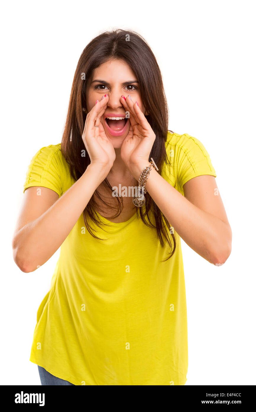 Very happy woman screaming of joy, isolated over a white background ...