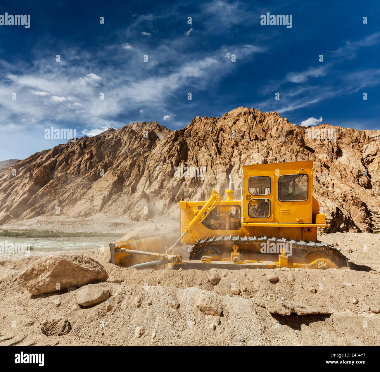 Bulldozer doing road construction in Himalayas. Ladakh, Jammu and ...