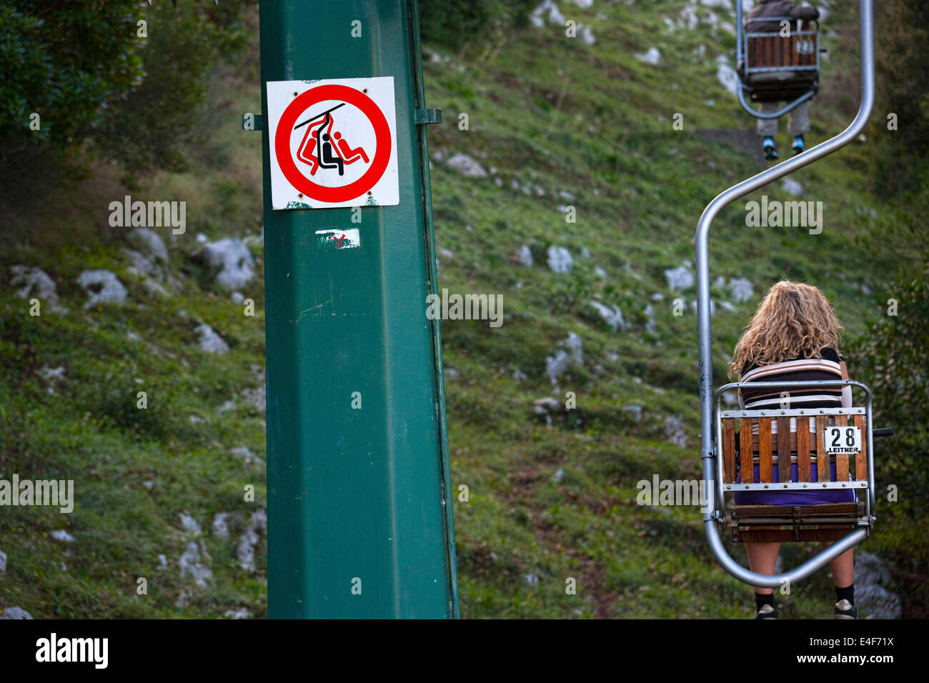 Chair lift warning sign, Anacapri, Capri, Campania,Italy, Europe Stock ...