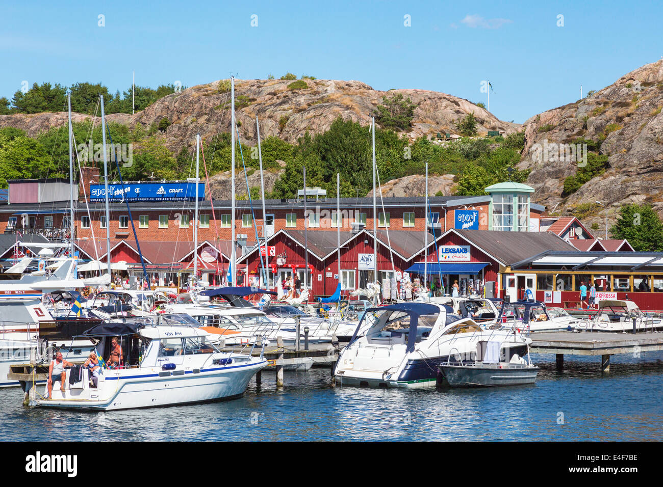 Boats in a marina in the coastal village, Grebbestad in Sweden Stock ...