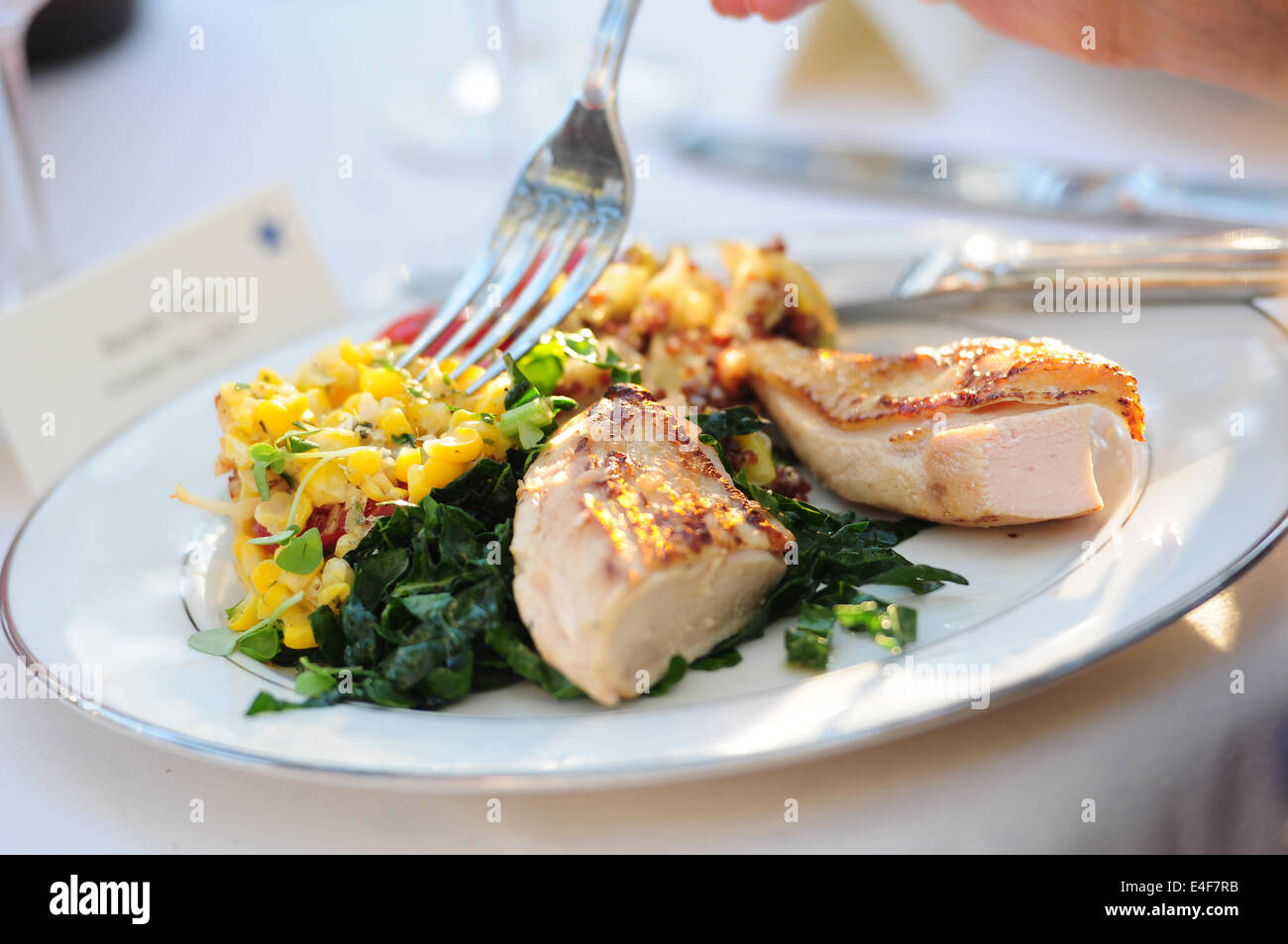 A delicious chicken dinner main course is served at a wedding and being ...
