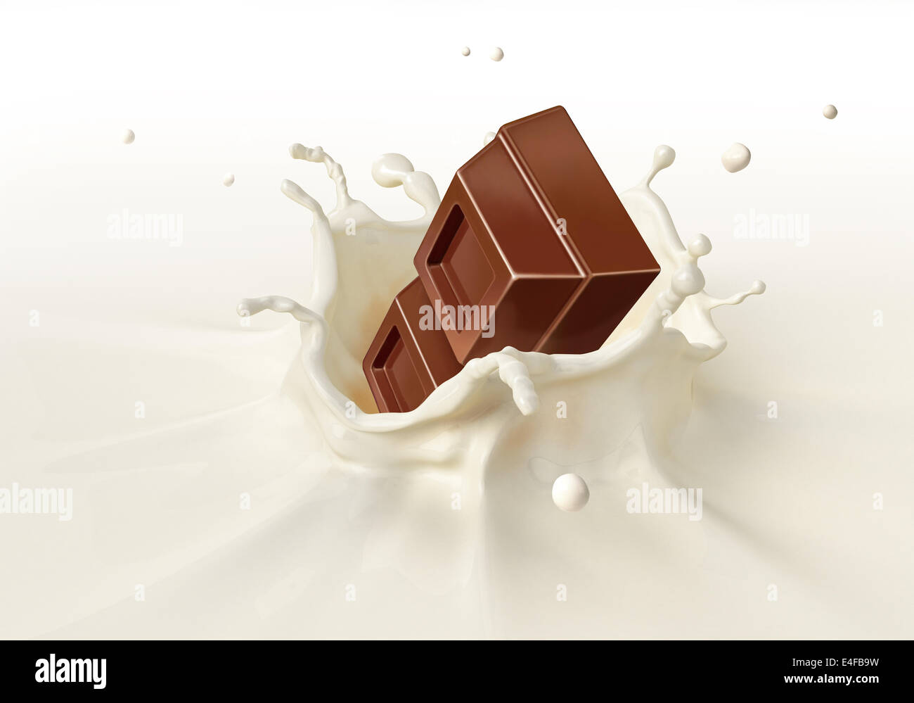 Chocolate block falling into milk splashing. Close up view, On white ...