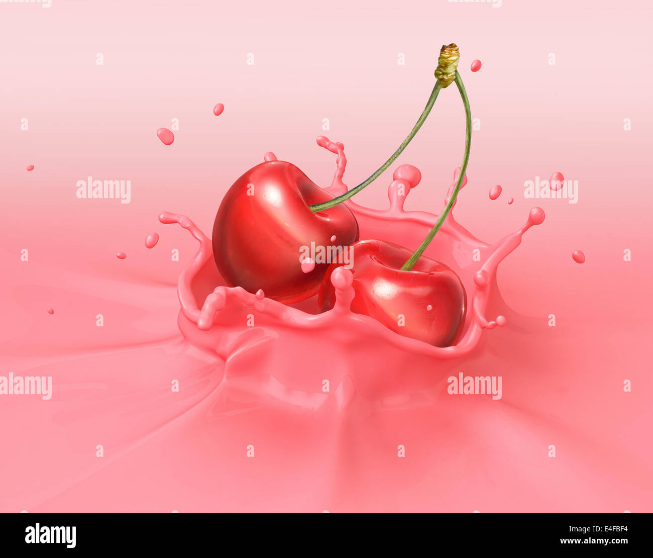 Two red cherries falling into milkshake splashing. Close up view Stock ...
