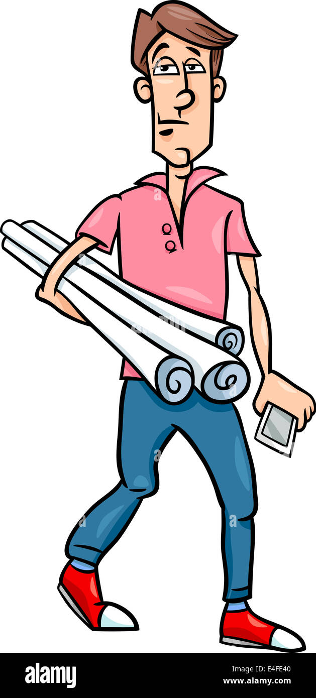 Cartoon illustration of Funny Young Man or Architect with Plans and ...