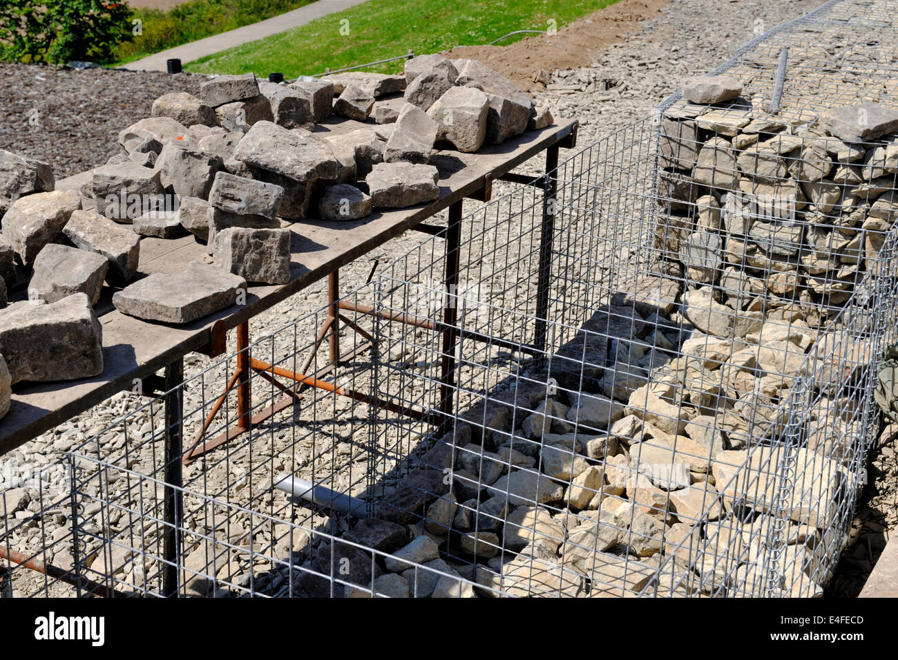 Filling detail of galvanized wire mesh babion being filled with rock ...