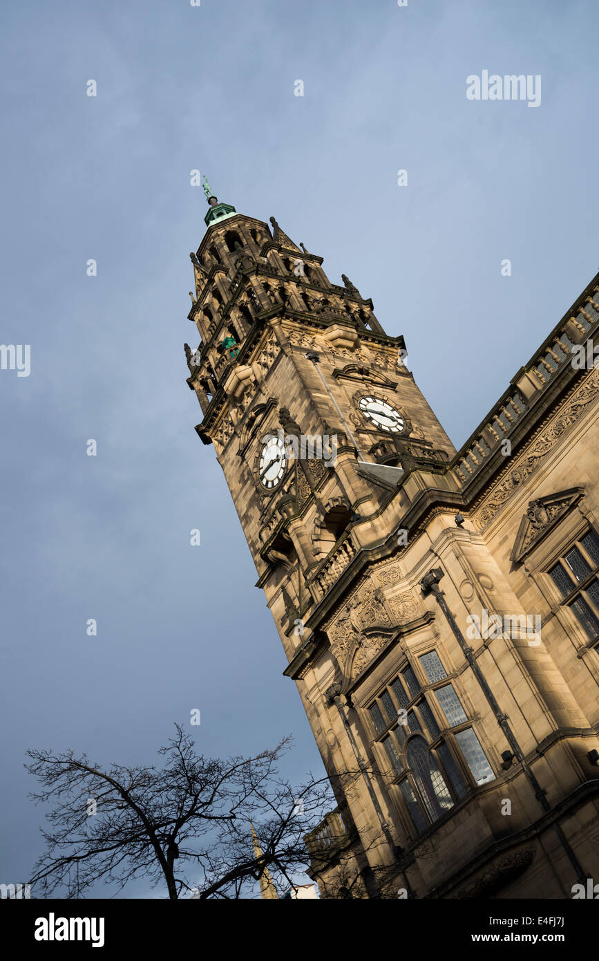 Sheffield Town Hall clock tower slanted view South Yorkshire England ...