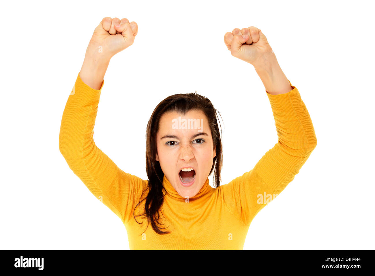Close-up of a young woman raising her arms with white background Stock ...