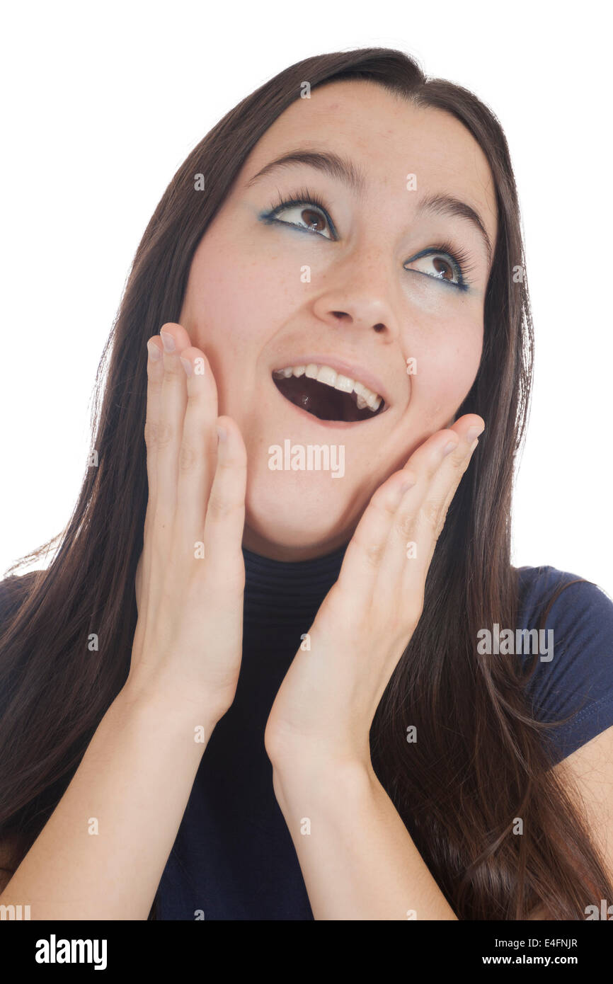 Girl with surprised face isolated on white background Stock Photo - Alamy