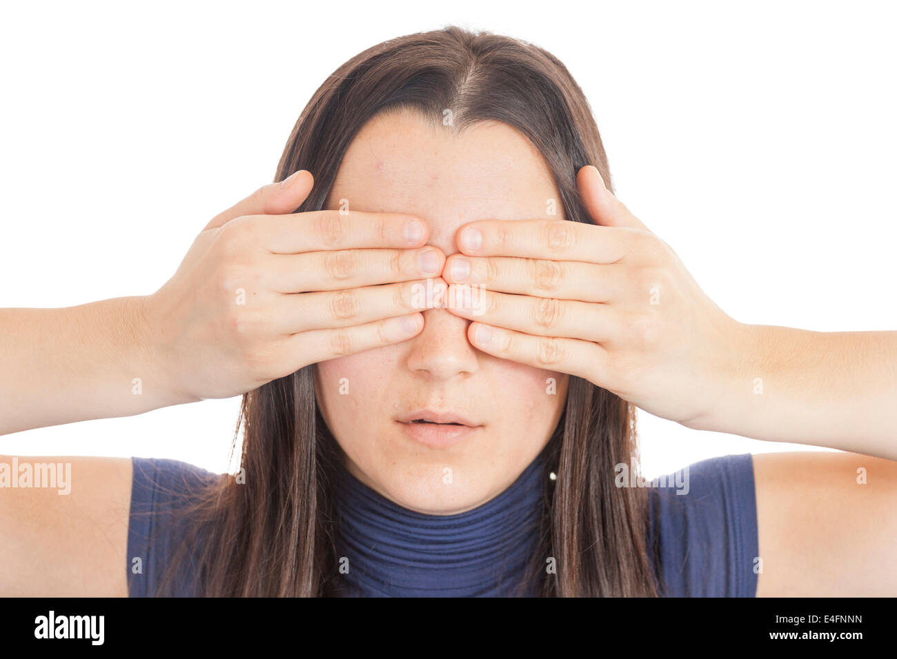 Close-up of a girl that does not see isolated on white background Stock ...
