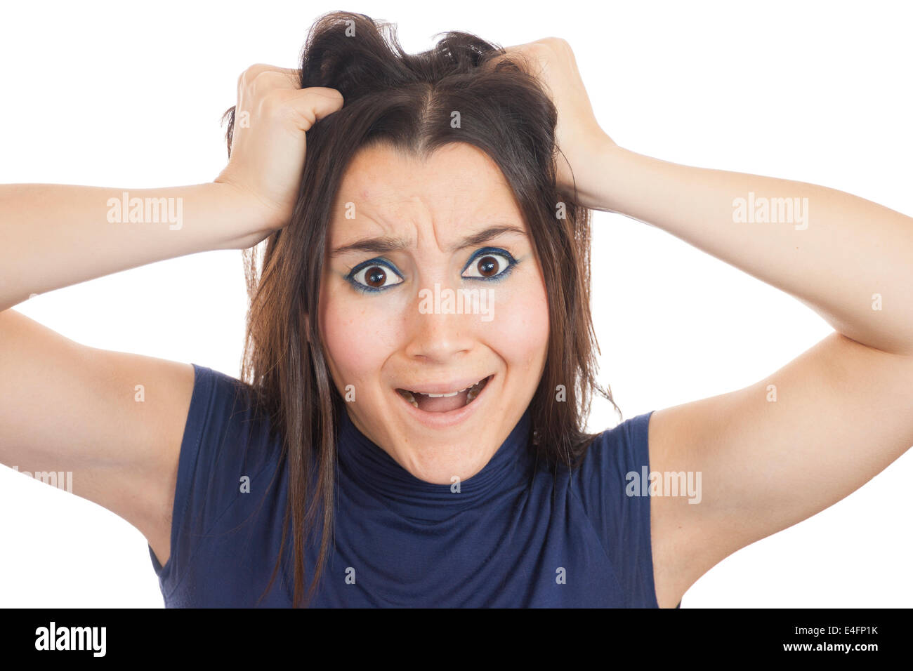 Close-up of a stressed girl having a bad day isolated on white ...
