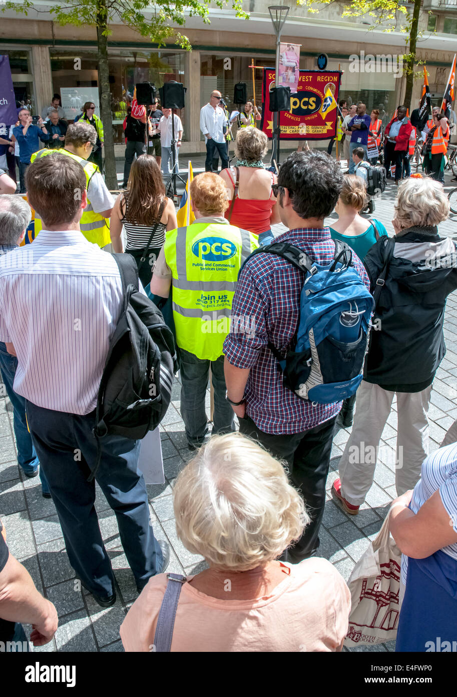 Exeter, Devon, UK. 10th July 2014. The crowd watch a speaker from NUT ...