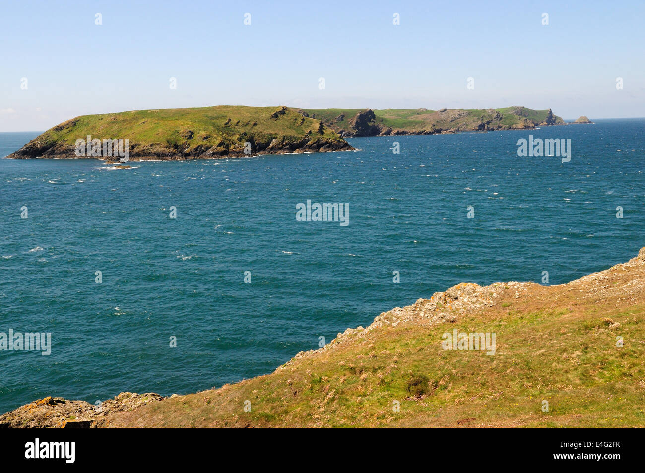 Skomer Island from a headland near St Martins Haven Pembrokeshire Stock ...