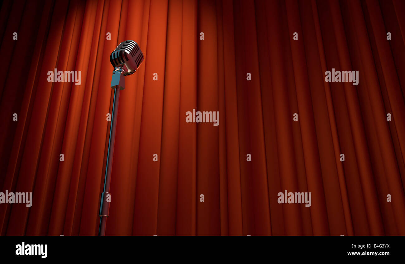 3d retro microphone on red curtain background, low angle view Stock ...
