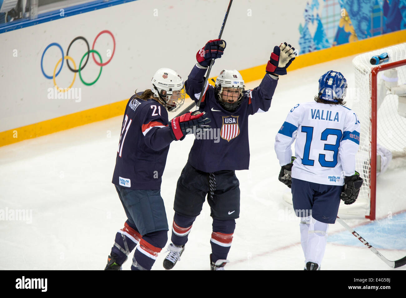 Kelli Stack (USA) celebrates with Hilary Knight (USA) after scoring ...