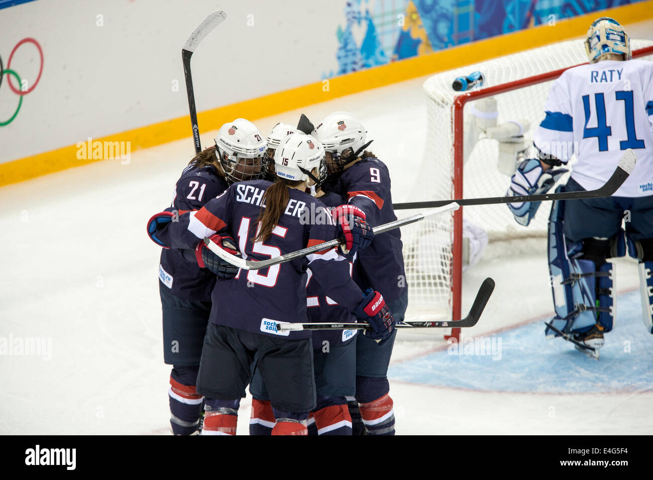 Team USA celebrates after Kelli Stack (USA) scores during ice hockey ...