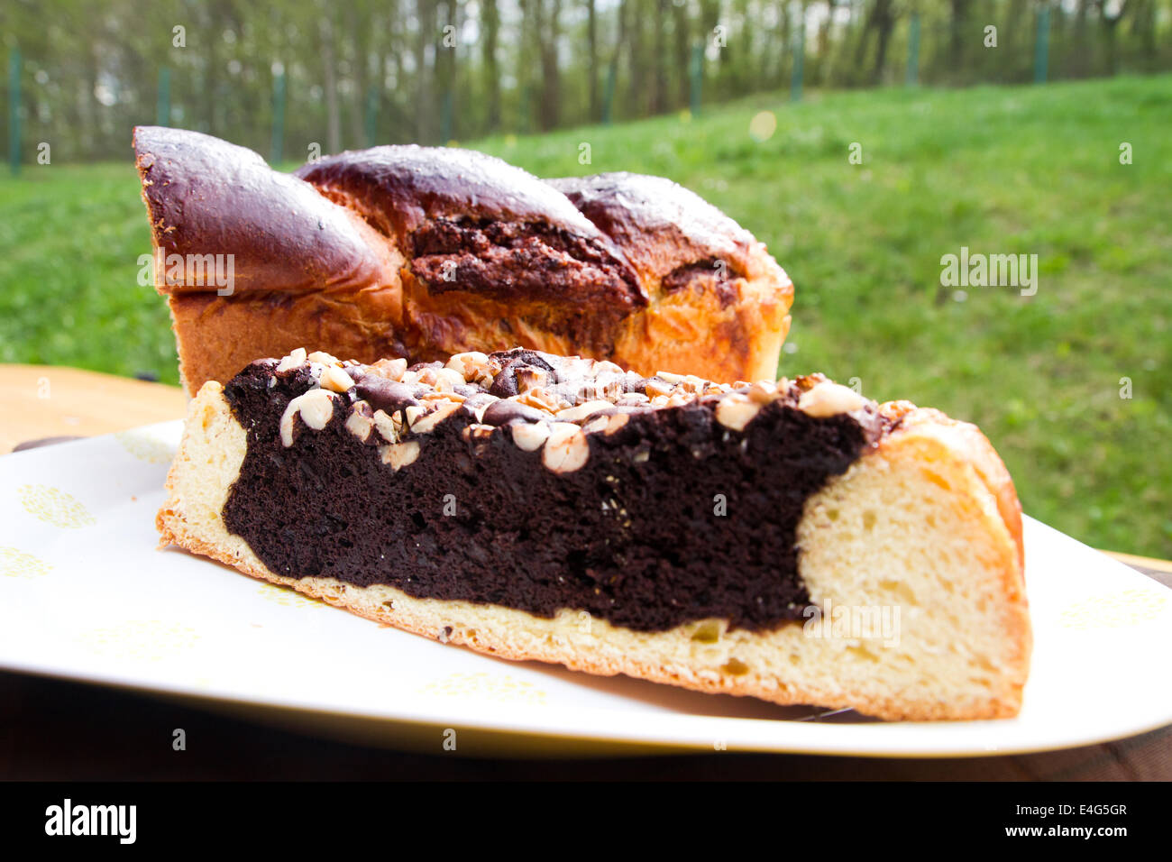 TRaditional easter romanian cakes - cozonac and pasca - outdoors image ...