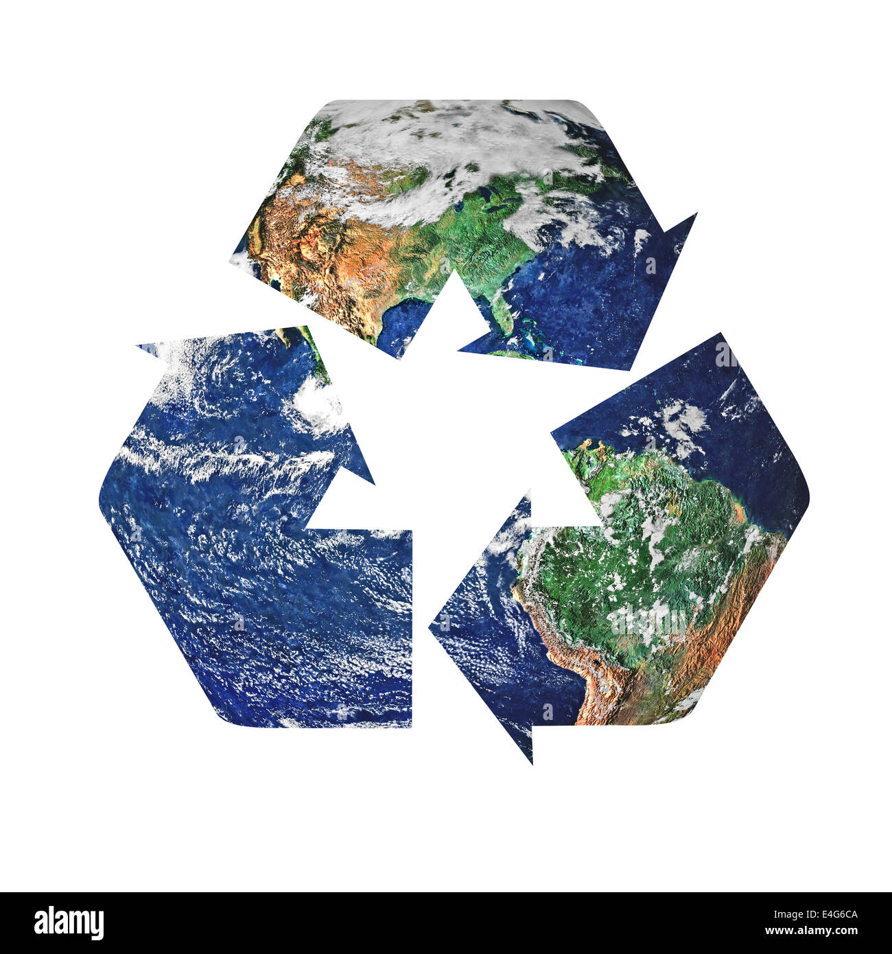 Recycle symbol superimposed upon the planet earth. Isolated on a white ...