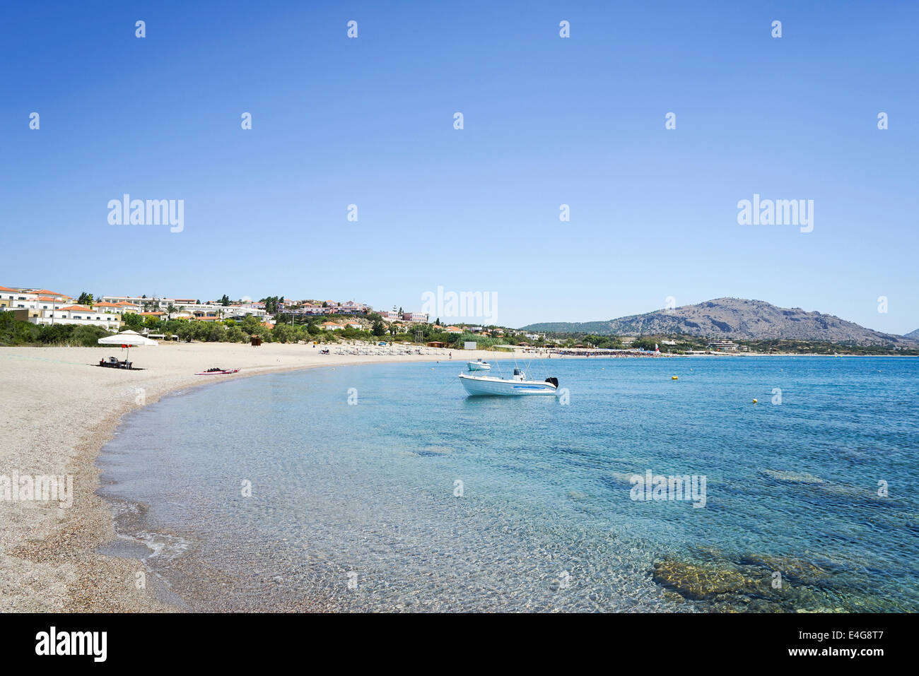 The sandy beach at Kiotari on the Greek Island of Rhodes, Greece Stock ...