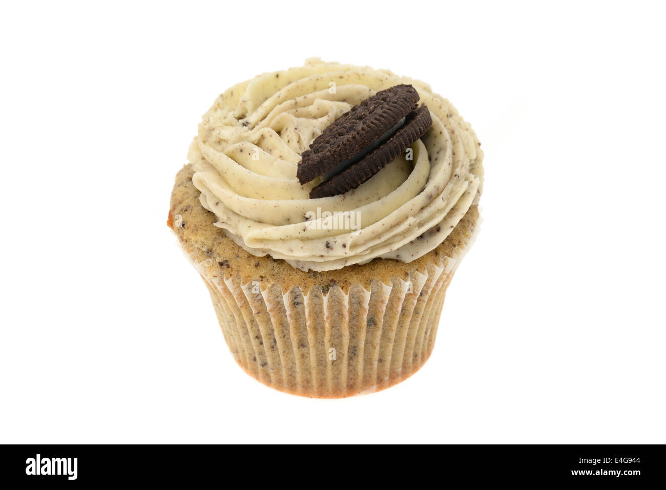 A cupcake topped with a chocolate cookie biscuit and buttercream icing ...