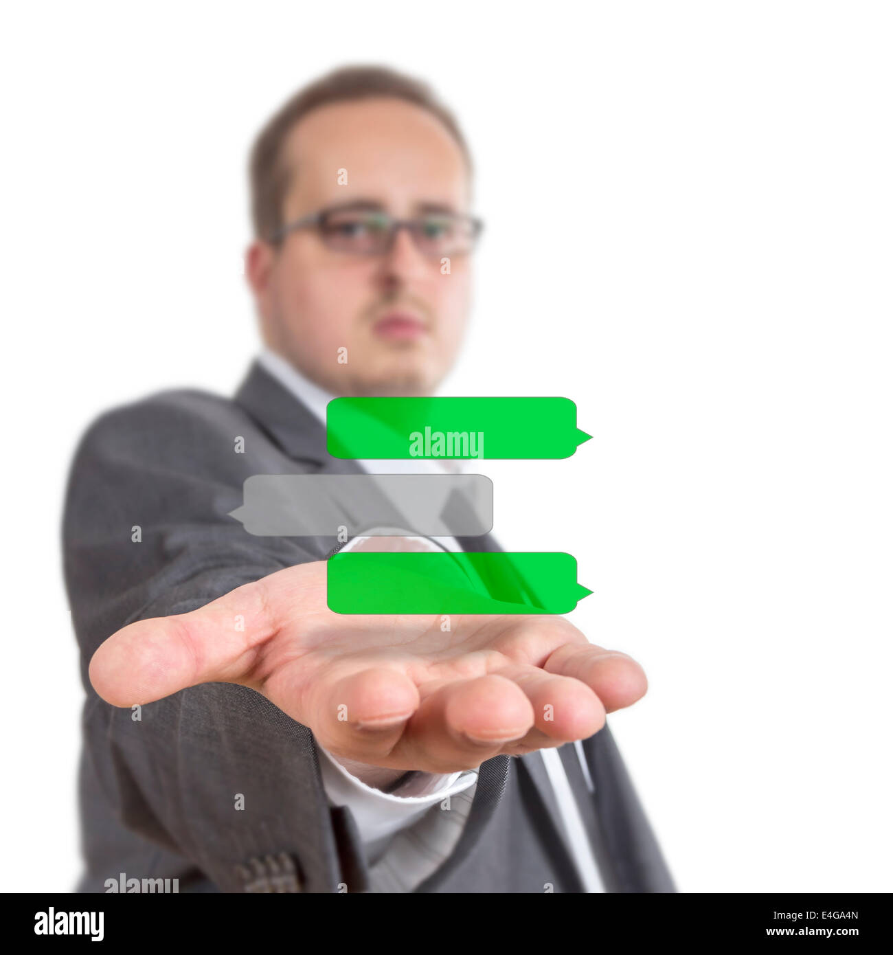 Business man reaches out his arm with text message chat history symbols ...