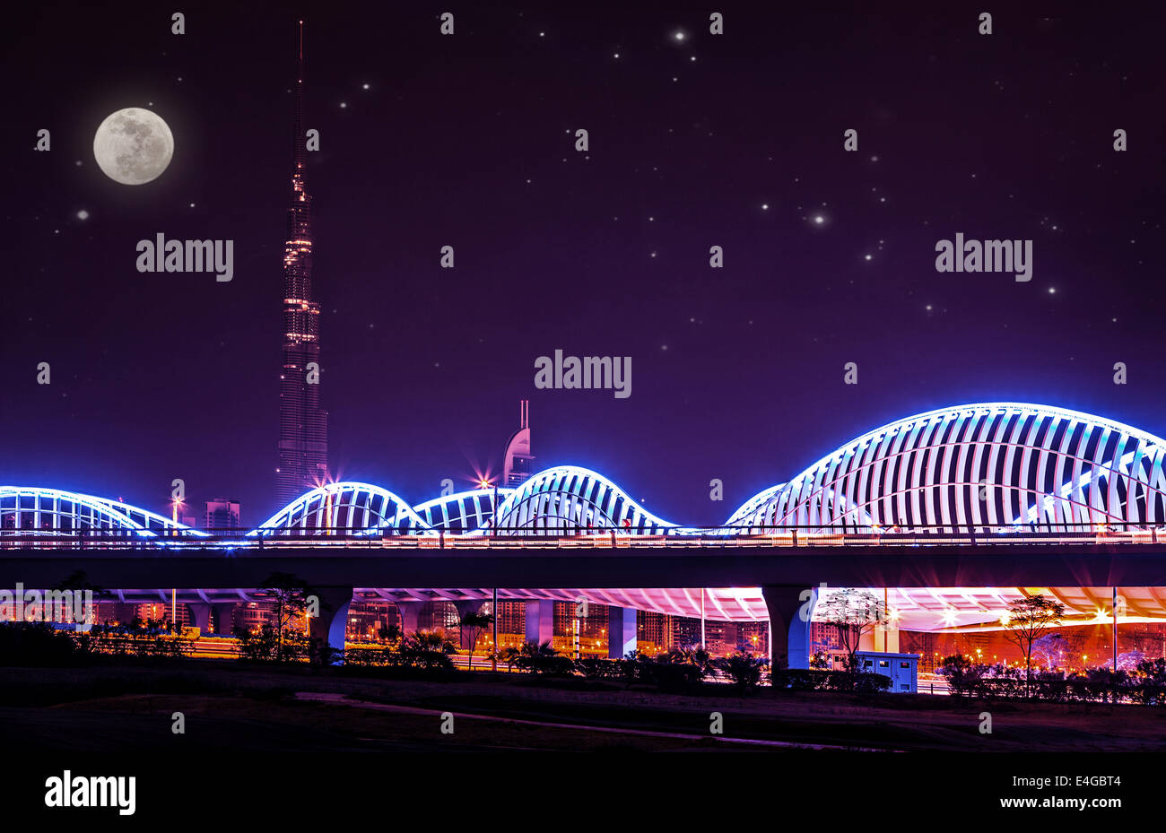 Beautiful cityscape at night, full moon and starry sky over luxury ...