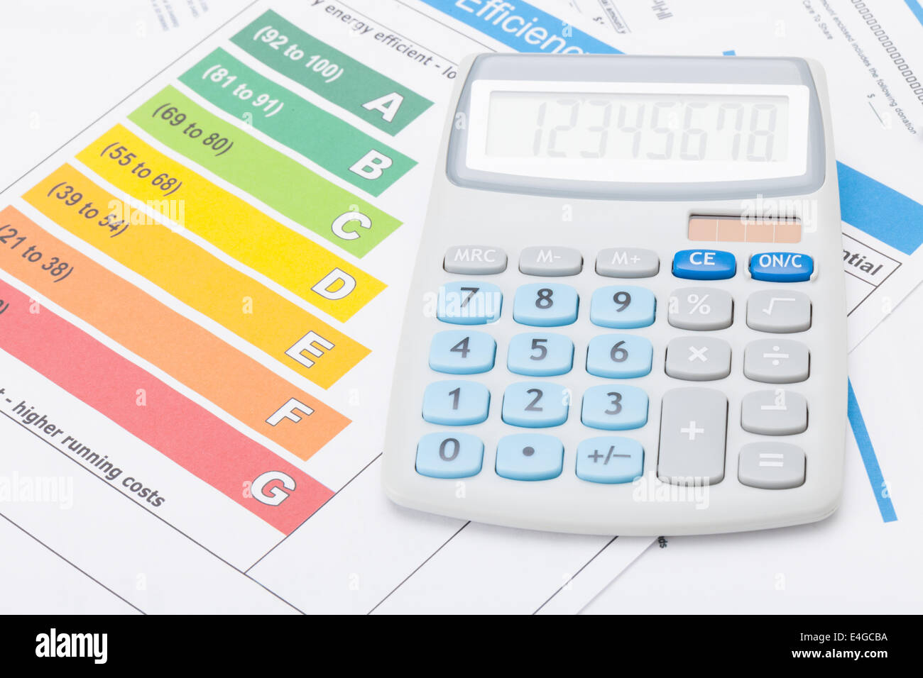 Calculator with energy efficiency chart - studio shot Stock Photo - Alamy