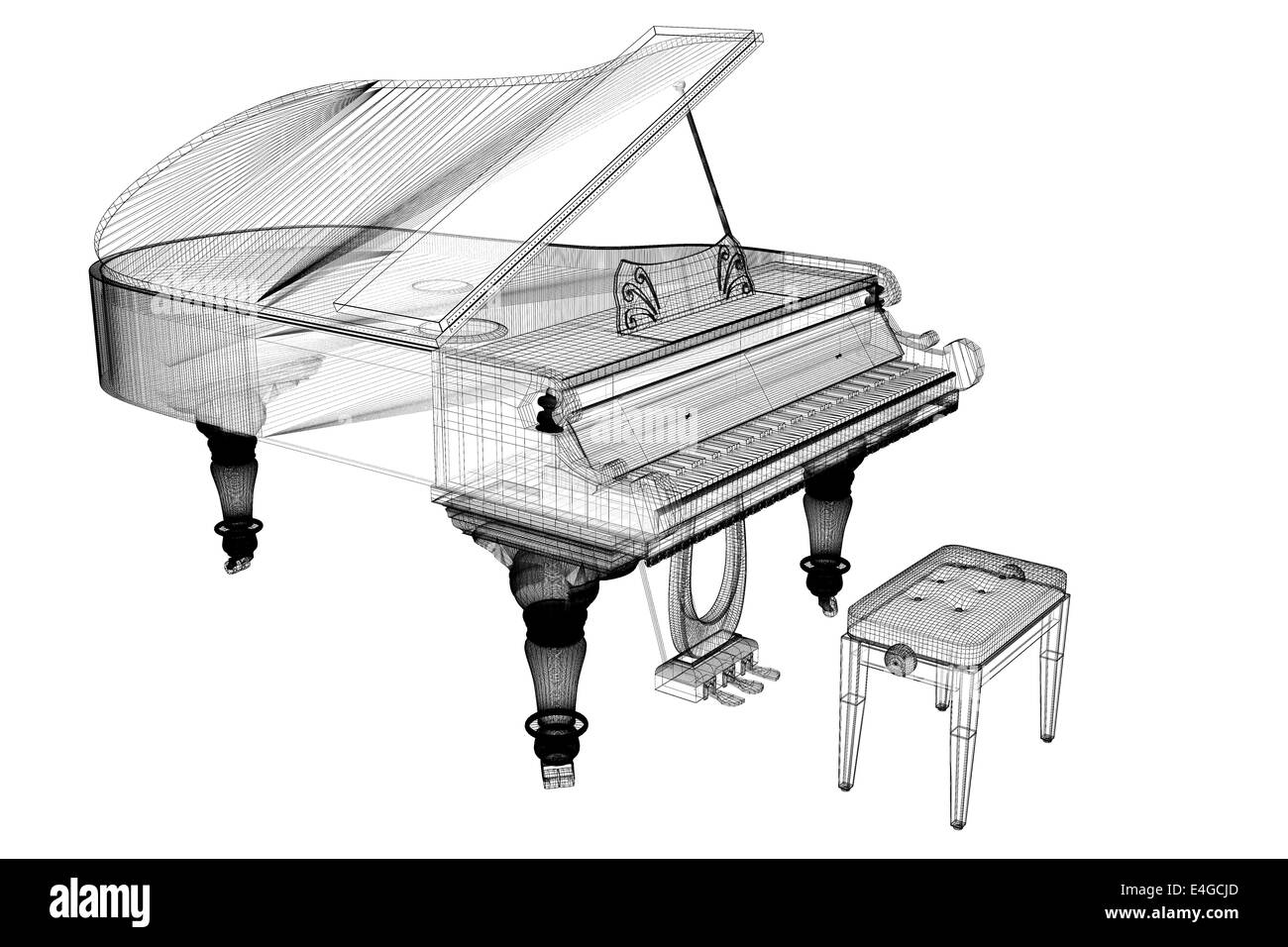Antique grand Piano with path, 3D model body structure, wire model ...