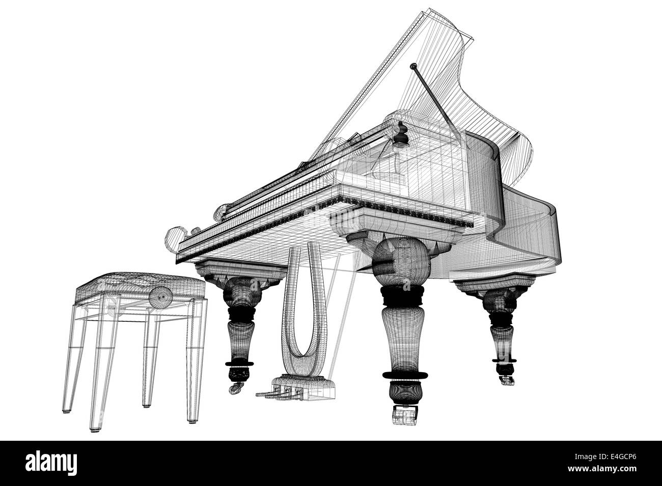 Antique grand Piano with path, 3D model body structure, wire model ...