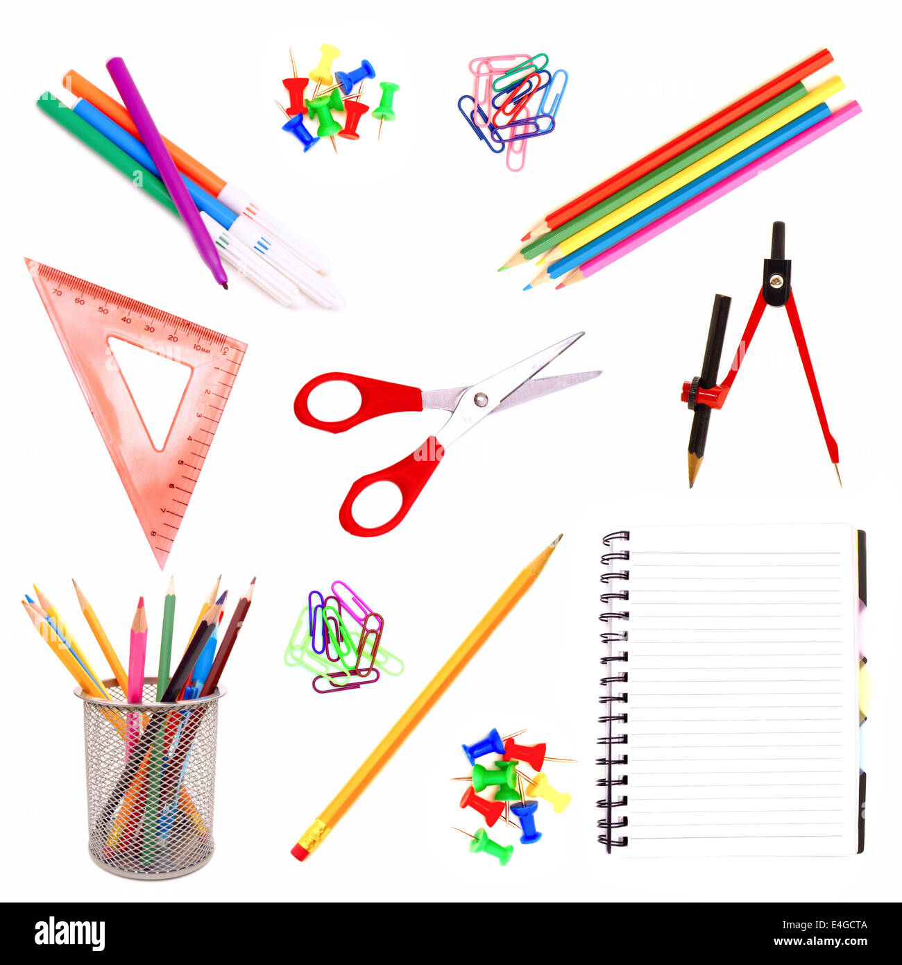 Selection of various individual school supplies isolated on white Stock ...