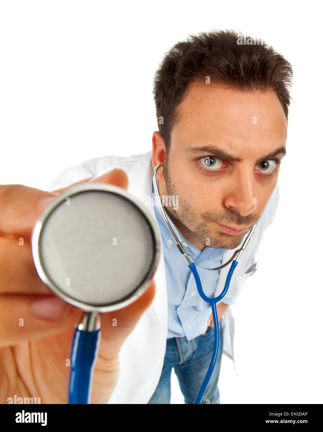 Funny doctor with stethoscope on white background Stock Photo - Alamy