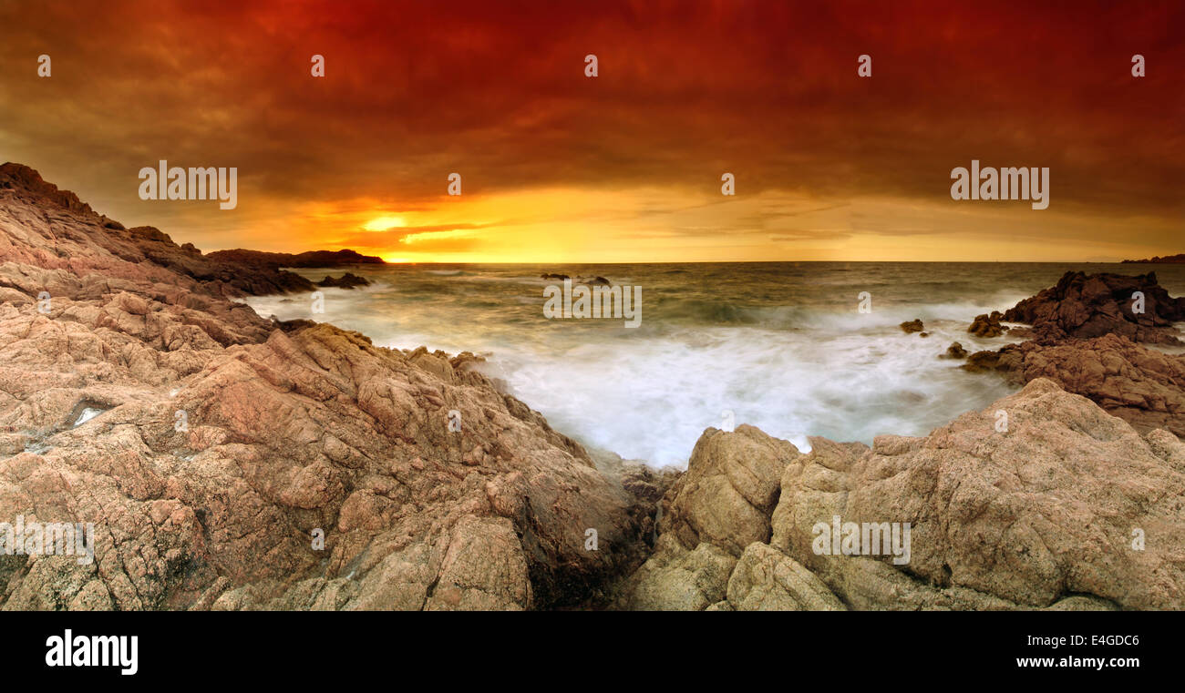 Beautiful dramatic sunset over the sea on Sardinia, Italy. PAnorama ...