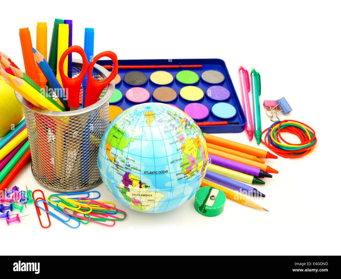 Colorful collection of various school supplies over white Stock Photo ...
