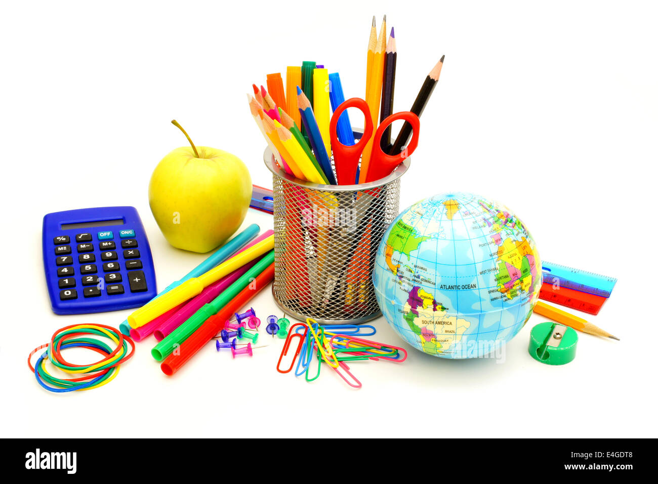 Colorful collection of various school supplies over white Stock Photo ...