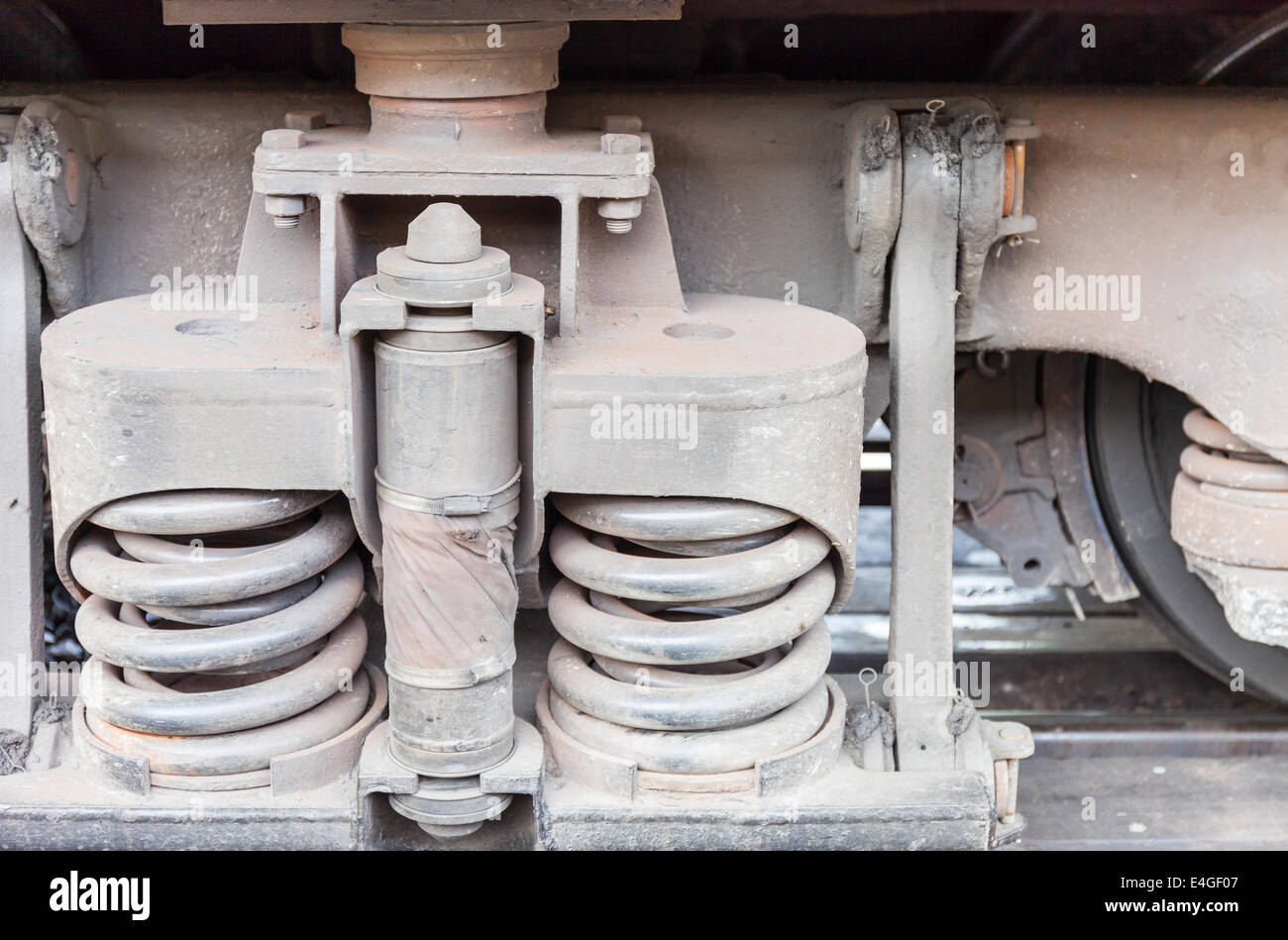 closeup wheel break and suspension system of diesel train Stock Photo ...