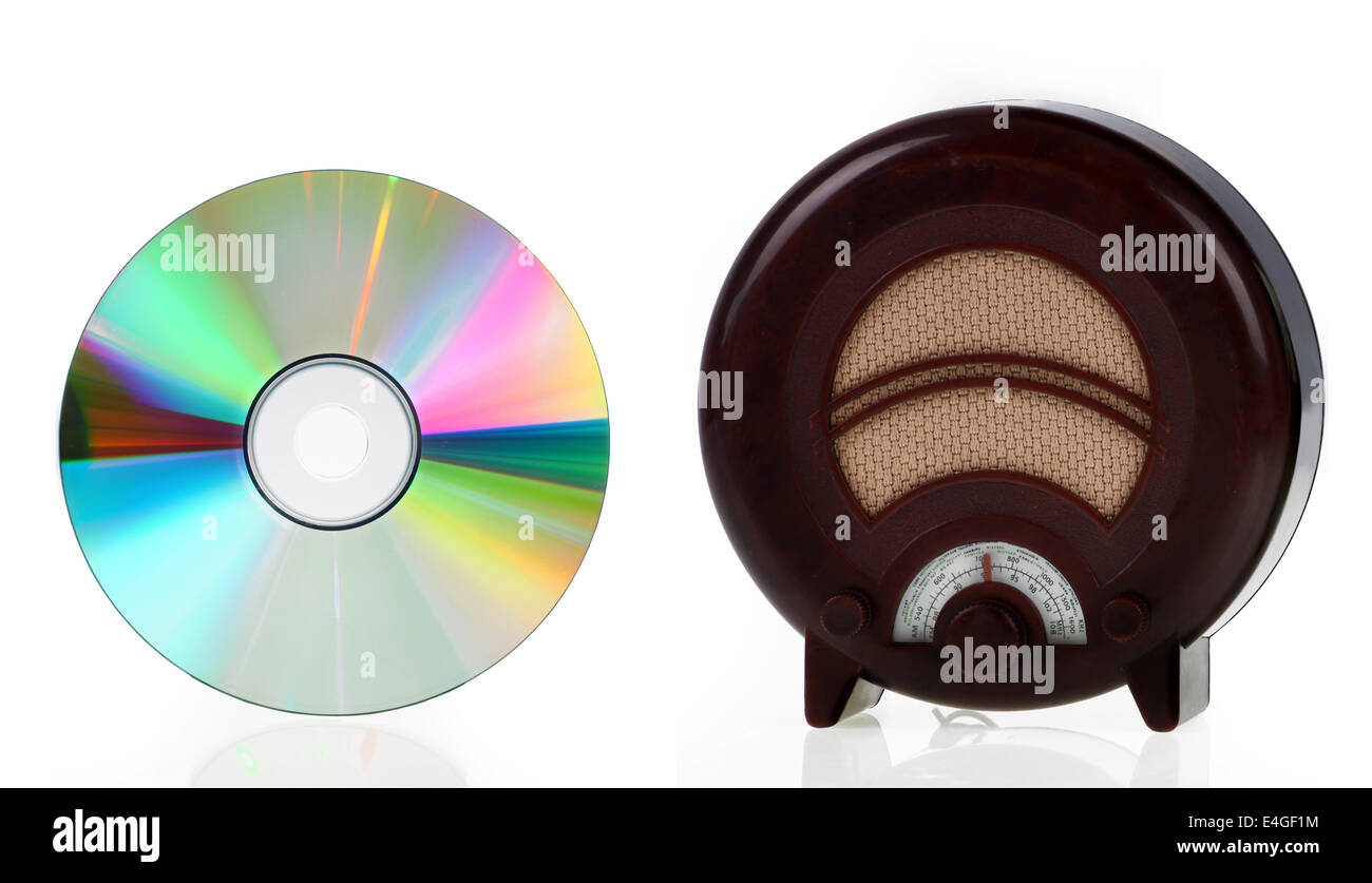 Vintage Radio and compact disk on white background Stock Photo - Alamy