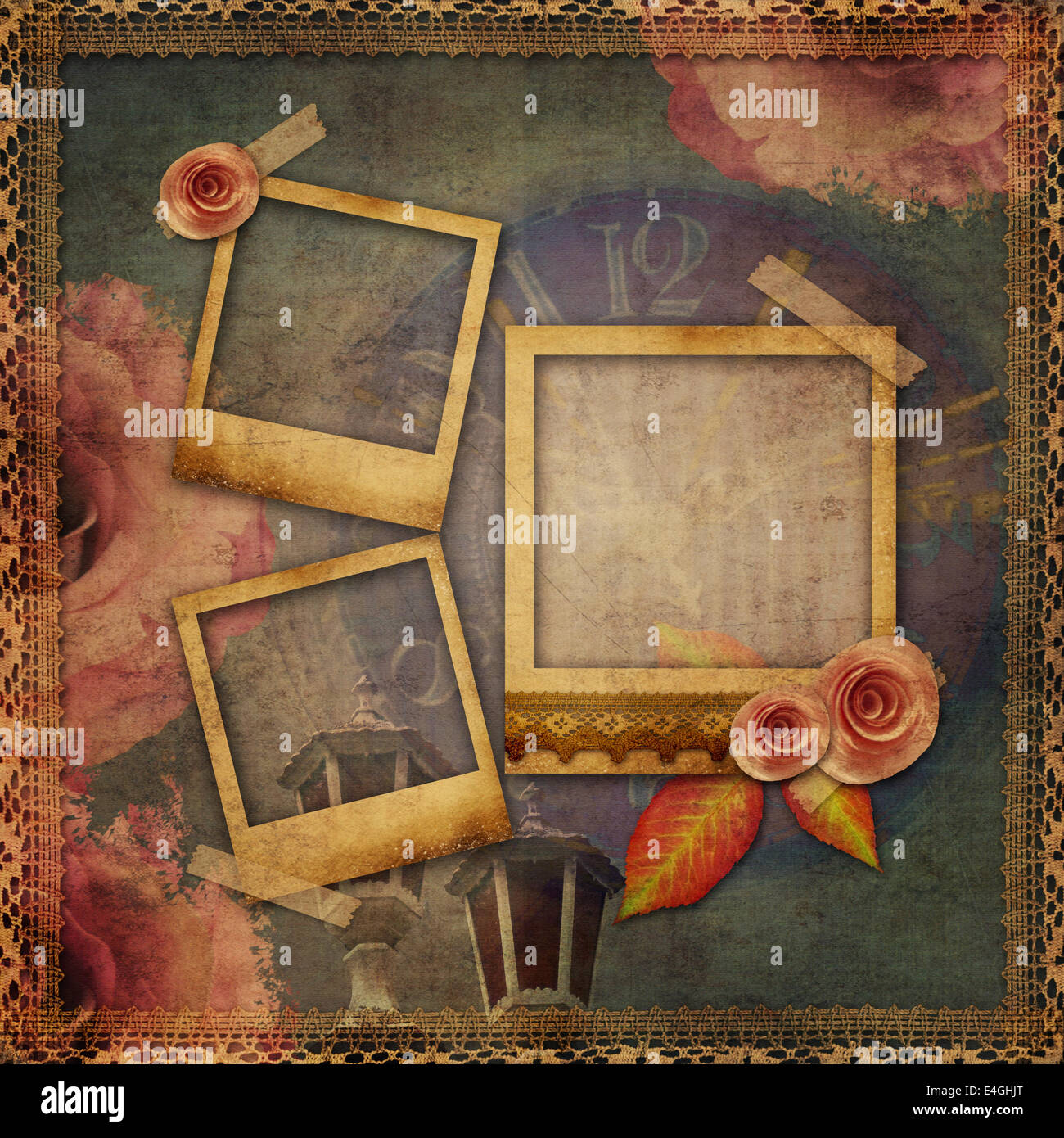 vintage texture background with watch (time) and rose Stock Photo - Alamy