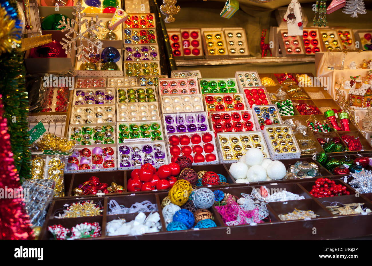 Decorations for sale in Christmas market, Munich, Germany Stock Photo ...