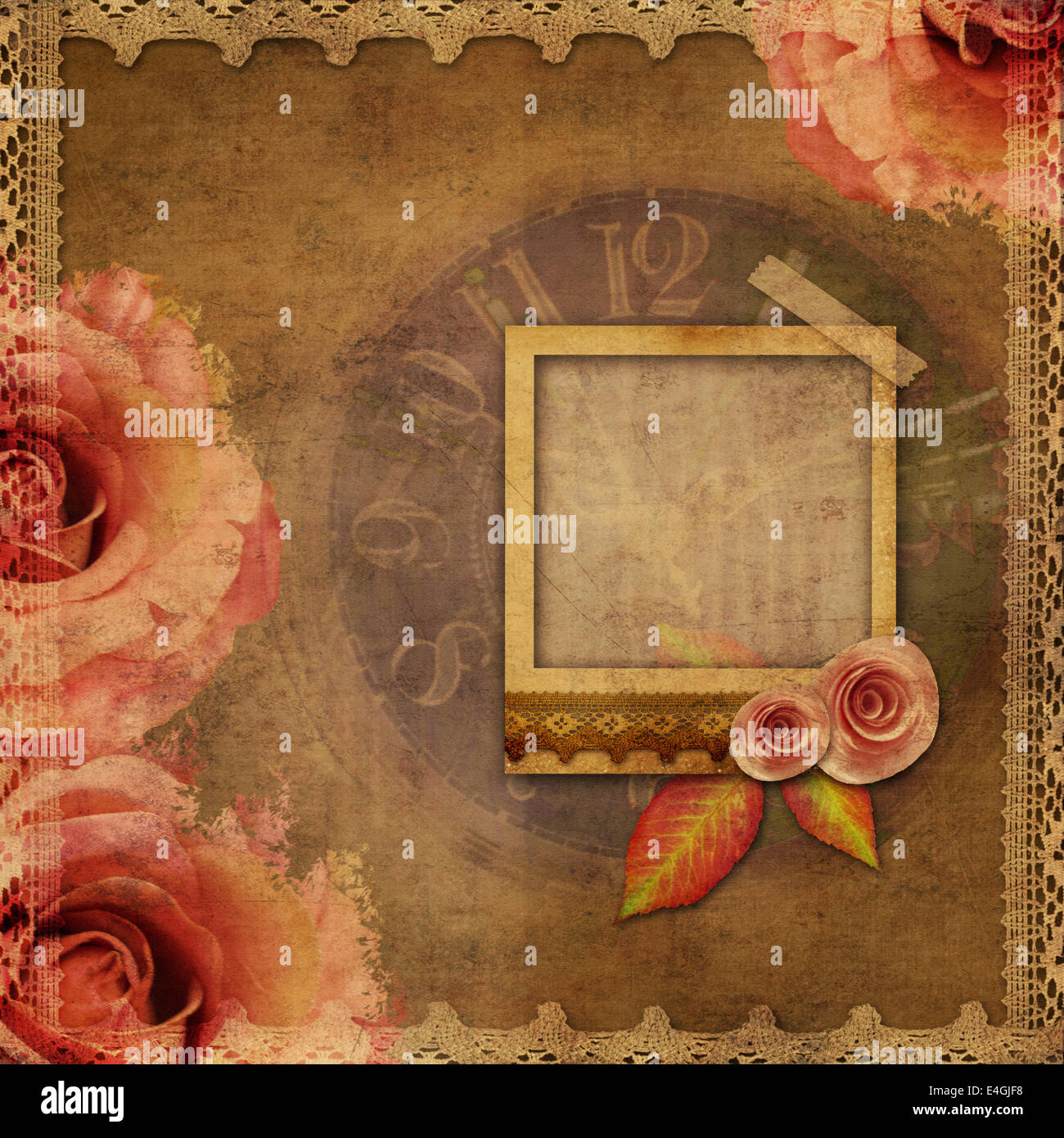 vintage texture background with watch (time) and rose Stock Photo - Alamy