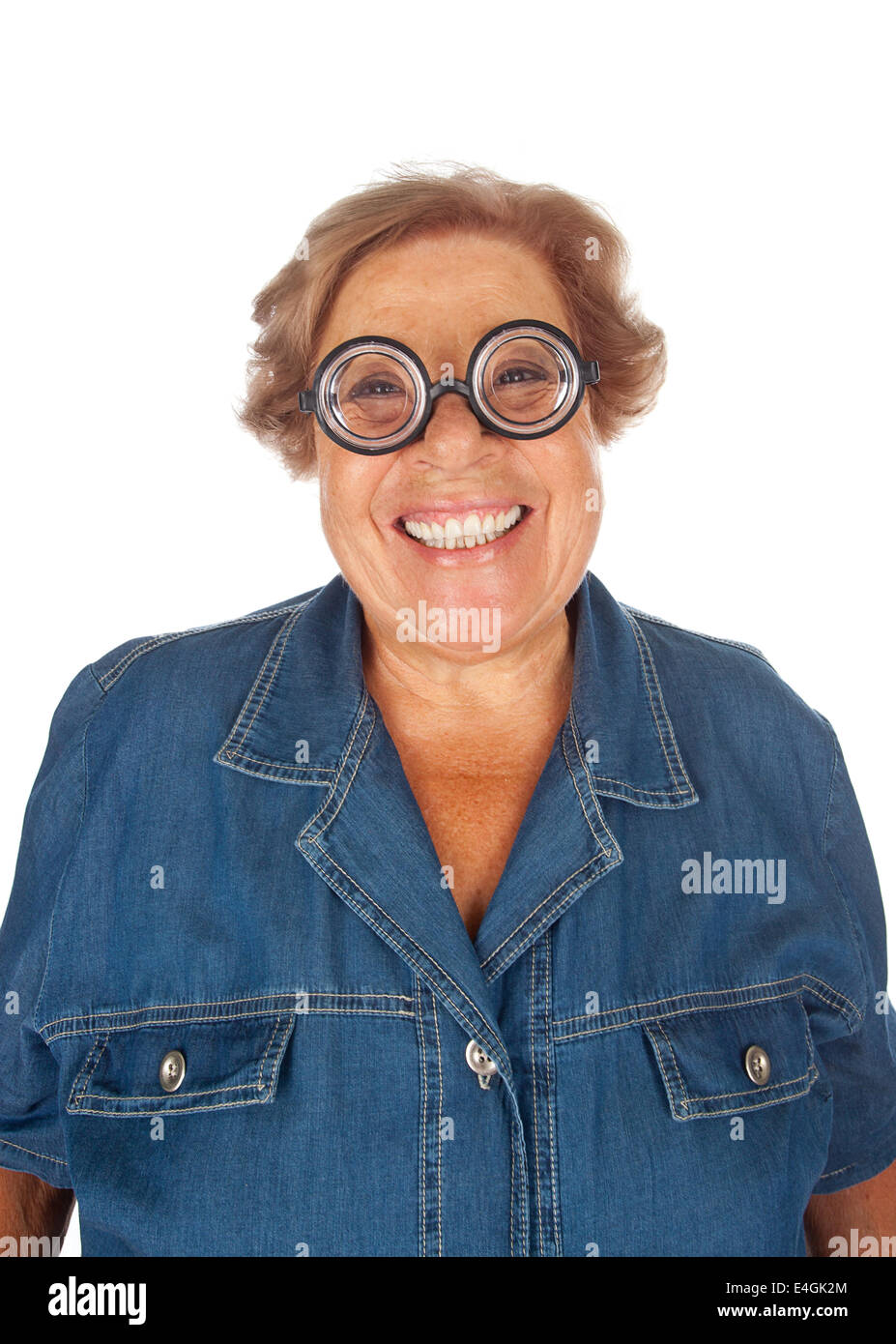 Elderly woman surprised with funny glasses on white Stock Photo - Alamy
