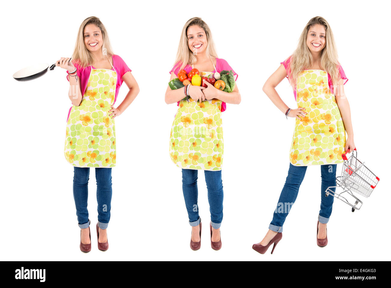 Beautiful woman with apron in several positions Stock Photo - Alamy