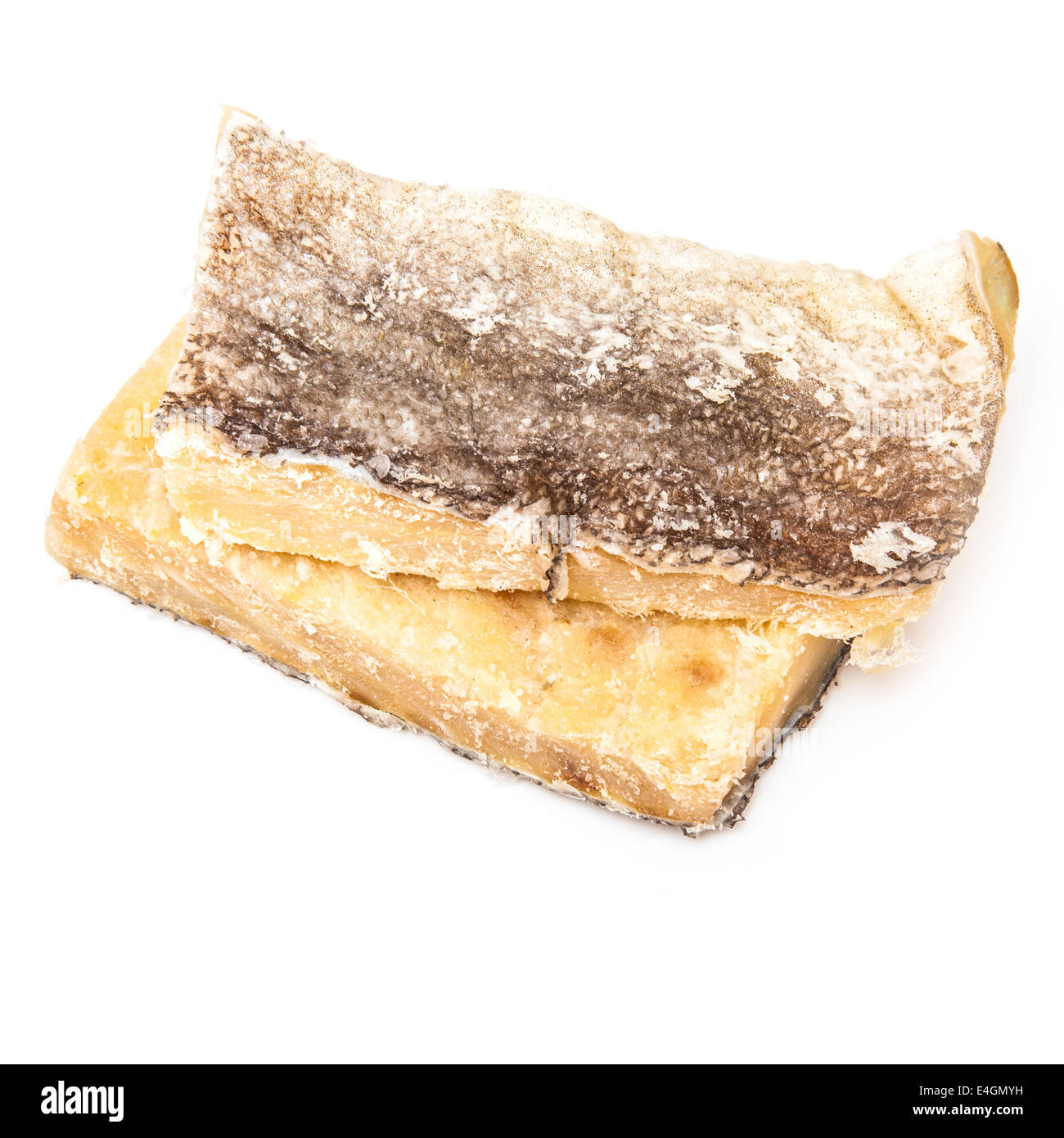 Pieces of salt cod fish isolated on a white studio background Stock ...