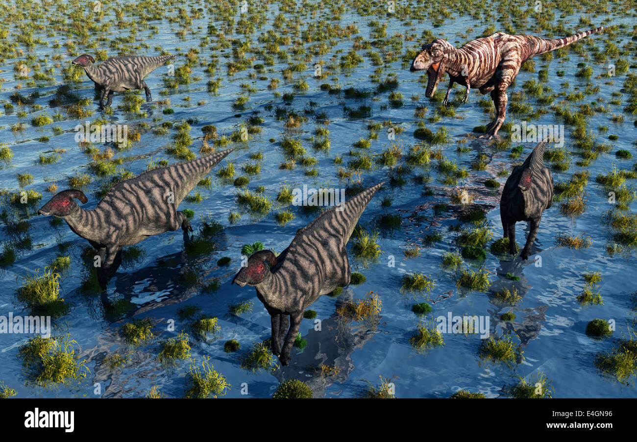 A T.Rex Chasing Duckbill Dinosaurs Stock Photo - Alamy