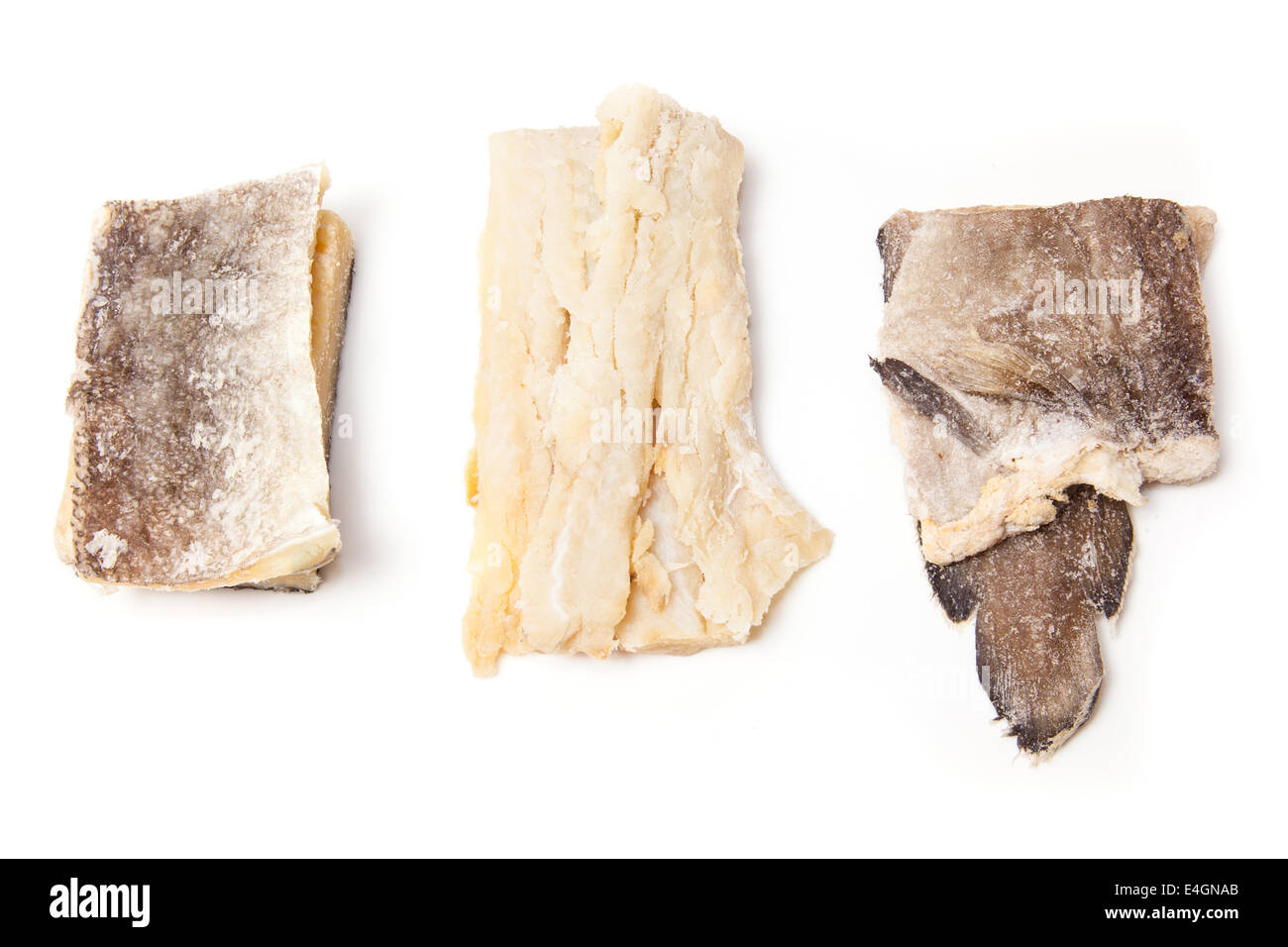Pieces of salt cod fish isolated on a white studio background Stock ...