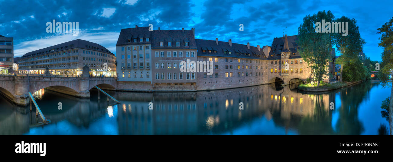 Nuremberg panorama at night along the river Pegnitz from the ...
